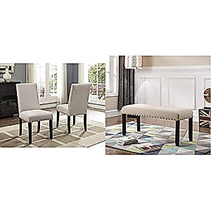 Roundhill Furniture Biony Tan Fabric Dining Chairs with Nailhead Trim, Set of 2 & Biony Fabric Dining Bench with Nailhead Trim, Tan
