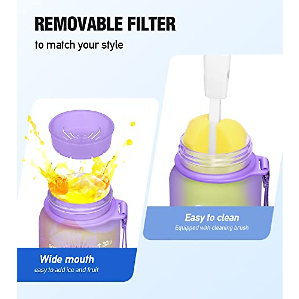 NOIFYS Motivational 32 oz Water Bottle with Time Marker, Updated BPA Free Leak Proof Water Bottles With Fruit Strainer and Straw, Perfect For Fitness Gym Outdoor