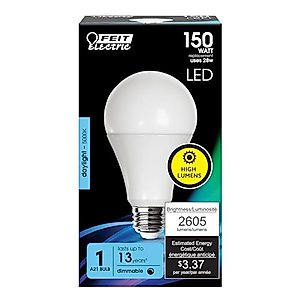 Feit Electric A21 LED Light Bulb, 150W Equivalent, Dimmable, 2605 Lumens, E26 Standard Base, 5000K Daylight, 80 CRI, High Output LED Light Bulb, Damp Rated, 15,000-Hour Lifetime, OM150DM/850/LED