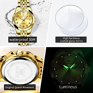 OLEVS Gold Womens Watch Fashion Dress Diamond Female Watches for Ladies Analog Quartz Stainless Steel Waterproof Luminous Day Date Two Tone Wristwatch