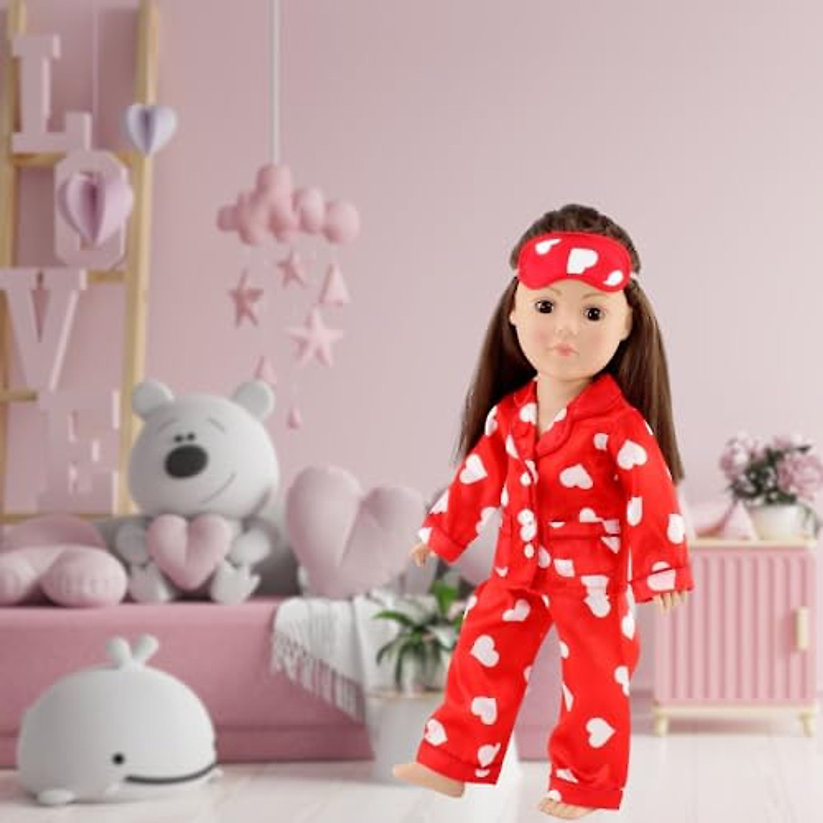 Emily Rose 18 Inch Doll Clothes 3-PC 18-in Doll Red Heart PJ Pajamas Set | Silky 18" Doll PJs Love Gift Set with Matching Eye Mask Accessory | Compatible with Most 18" Dolls | Doll NOT Included