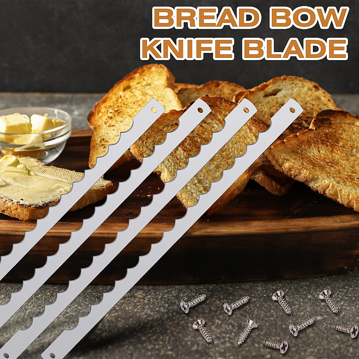 Lasnten 4 Pcs Bread Bow Knife Blades Stainless Steel Replacement Blade Serrated Bread Blade with Screws for Wooden Bread Knife