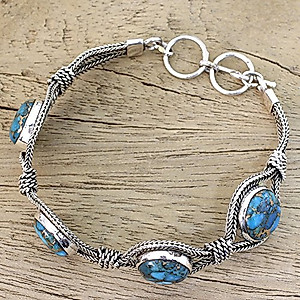 NOVICA Handmade .925 Sterling Silver Link Bracelet Composite Turquoise Reconstituted Blue India Island Paradise Gemstone [7 in min L x 7.5 in max L x 0.7 in W] 'Heavenly Blues'