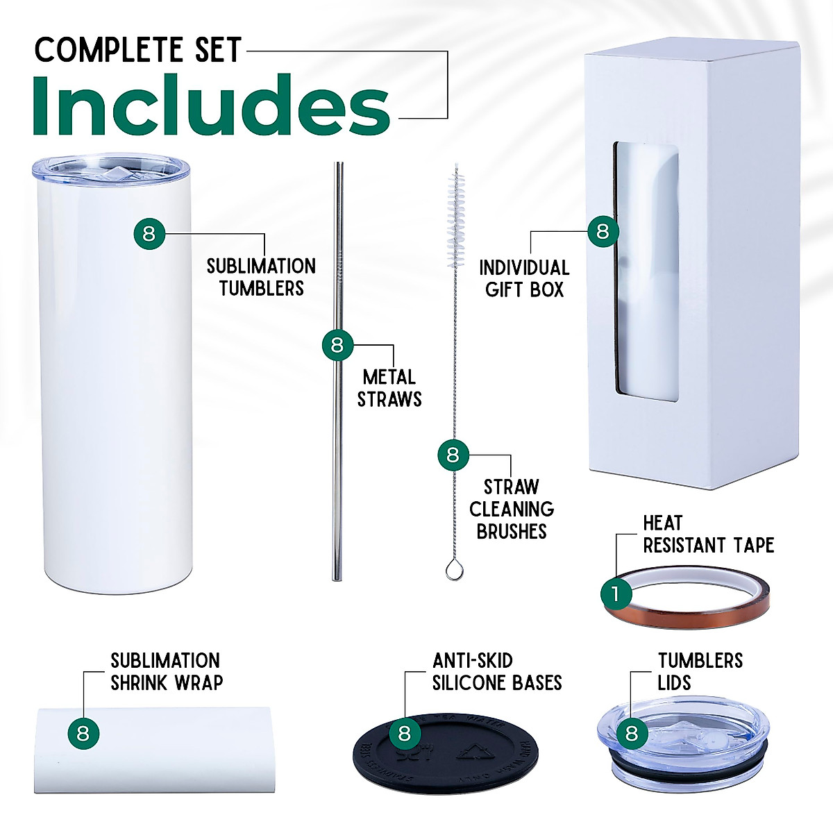 Goods For You Sublimation Tumblers 20 oz - Sublimation blanks, Stainless Steel Double Wall Insulated Straight & Skinny Tumbler Individually Gift Boxed with Lids, Straws & All Accessories, 8 PACK