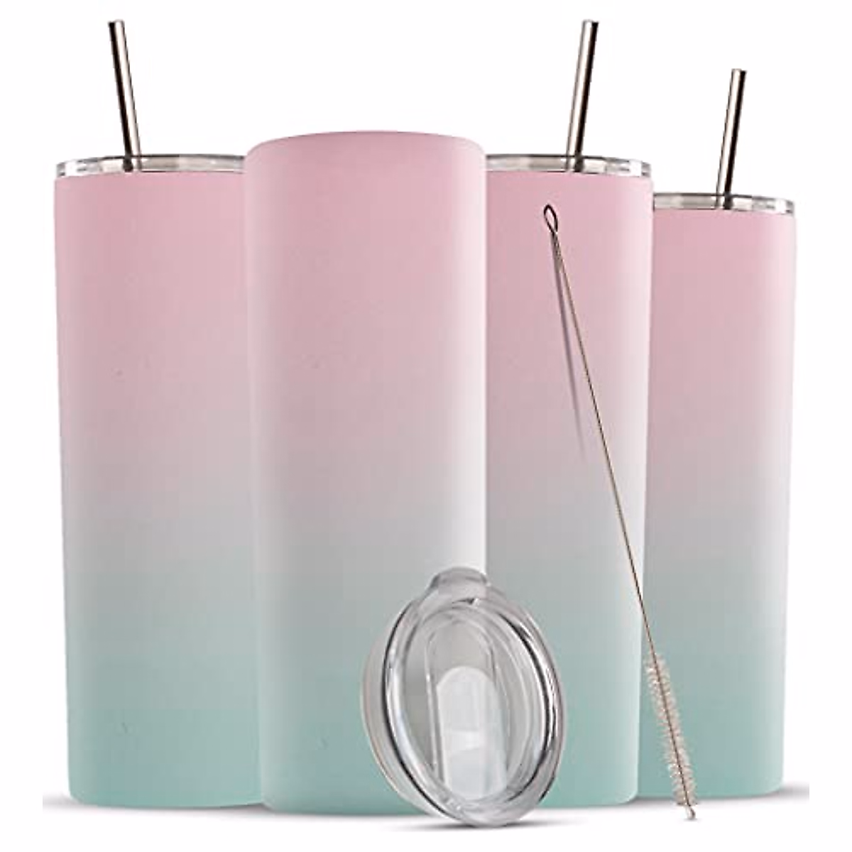 Insulated Skinny Stainless Steel Tumbler Set - 4-Pack 20oz Coffee Tumbler with Straw - Travel Coffee Mug With PBA Free Lids - Slim Vacuum Insulated Tumblers Keep Hot and Cold - Great for Home, Office.