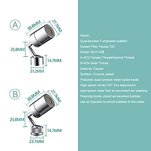 MuYiLIFE Universal Splash Filter Faucet,720° Rotatable Faucet Sprayer Head with Durable Copper,Anti-Splash, Oxygen-Enriched Foam (Female Thread-A22MM)