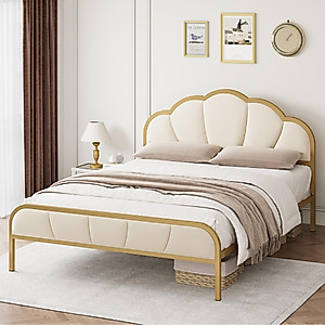 BOTLOG Queen Bed Frame, Upholstered Platform Bed Frame with Velvet Petal Headboard, Footboard, Strong Wooden Slats, No Box Spring Needed/Easy Assembly (Queen)