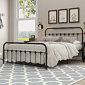AUFANK Queen Metal Bed Frame with Headboard and Footboard Vintage Victorian Style Mattress Foundation Solid Sturdy Metal Slat No Box Spring Required Black