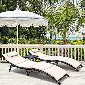 Homall 3 Pieces Patio Chaise Lounge Chair Sets Outdoor Beach Pool PE Rattan Reclining Chair with Folding Table and Cushion (Beige)