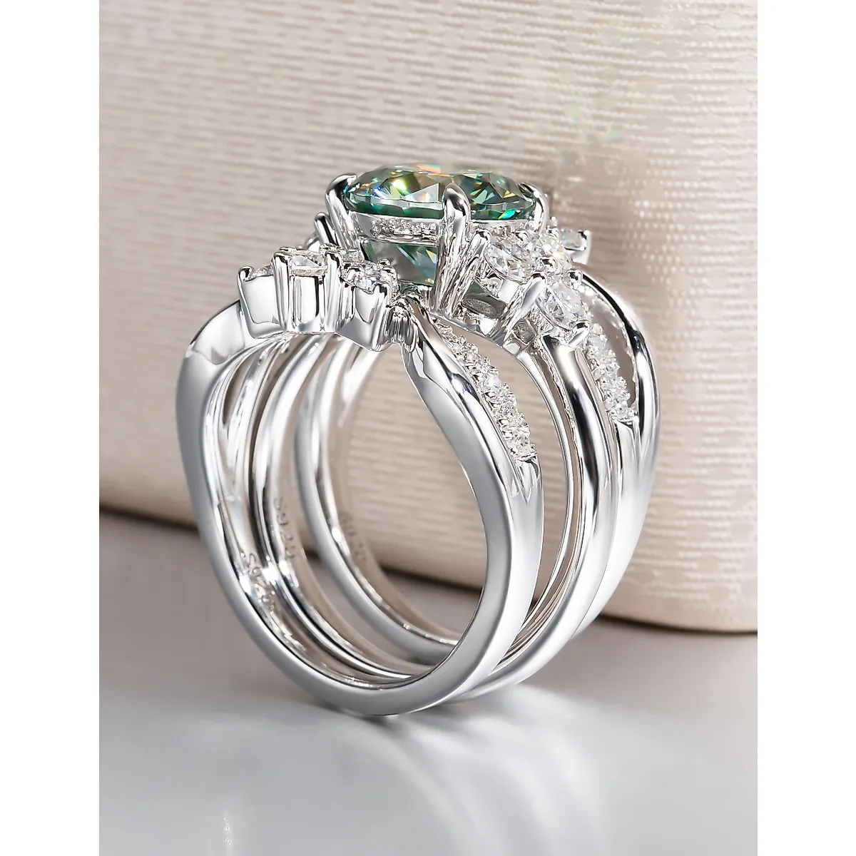 CannyCat Fancy Vivid Blue Green Moissanite Wedding Band Ring Set for Women 4.2 cttw Moissanite Engagement Rings Platinum-Plated Sterling Silver Wrap Guard Enhancers Anniversary Bridal Sets (size-8.5)