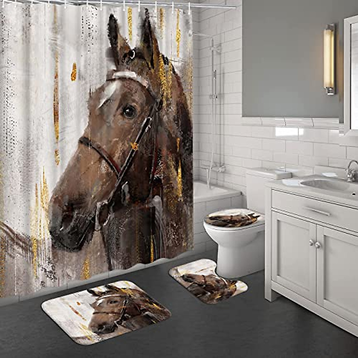 SiMiWOW Horse Shower Curtain Western Cowboy Shower Curtain Set with Rugs Wild Animal Shower Curtain with Hooks,Brown Horse Bath Mat Bath Rugs Bathroom Decor Set of 4 Pieces