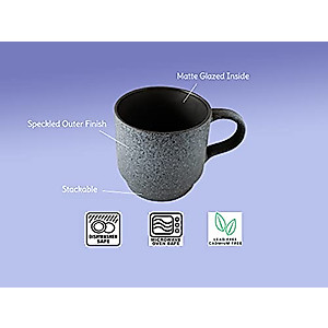 Essential Drinkware 14oz Stackable Ceramic Coffee Mugs with Metal Rack, Assorted Colors - Set of 4 Space Saving Durable Stacking Cups with Speckled Finish