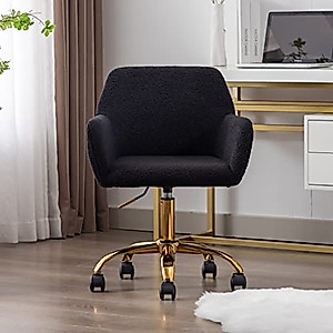Goujxcy Fluffy Desk Chair, Black Faux Fur Vanity Chair Swivel Office Chair for Girls Women, Height Adjustable Cute Teddy Furry Makeup Chairs for Bedroom Home Office