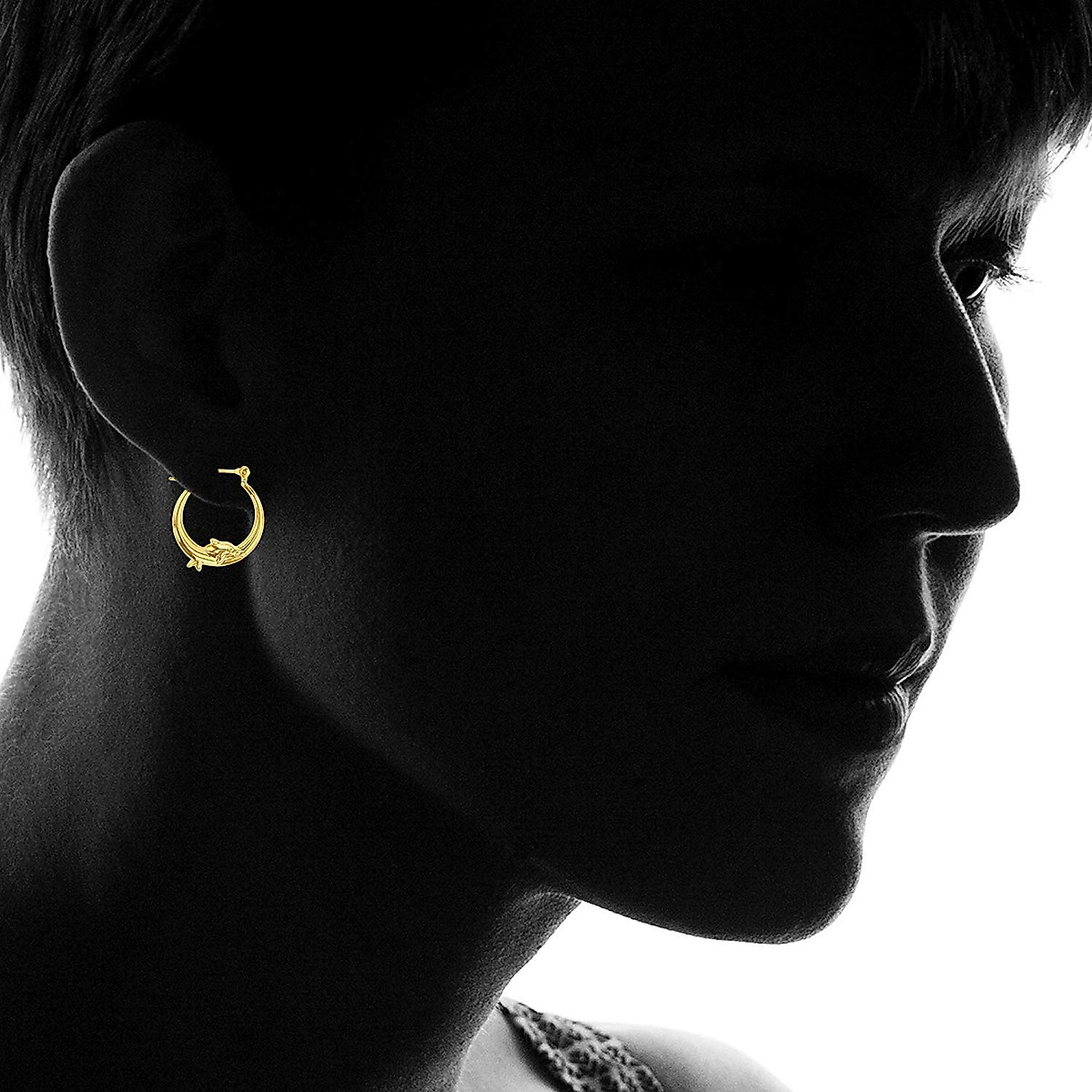 14K Yellow Gold 3mm Thick Dancing Dolphin Hoop Earrings with Hinged Clasp | 3x18mm Hoop | Yellow Gold Dolphin Earrings | Solid Gold Earrings for Women For Women