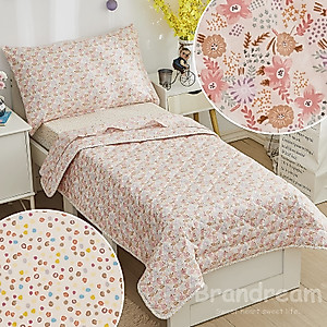 Brandream Vintage Toddler Bedding Set for Girls Pink Floral Comforter Quilt Bedding Bed in A Bag Farmhouse Sheet Set with Pillowcase Adorable Pokla Dot, 4 Piece