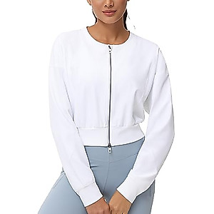 THE GYM PEOPLE Women's Cropped Jackets Full Zip Long Sleeve Ribbed Workout Sweatshirts Lightweight Casual Tops White
