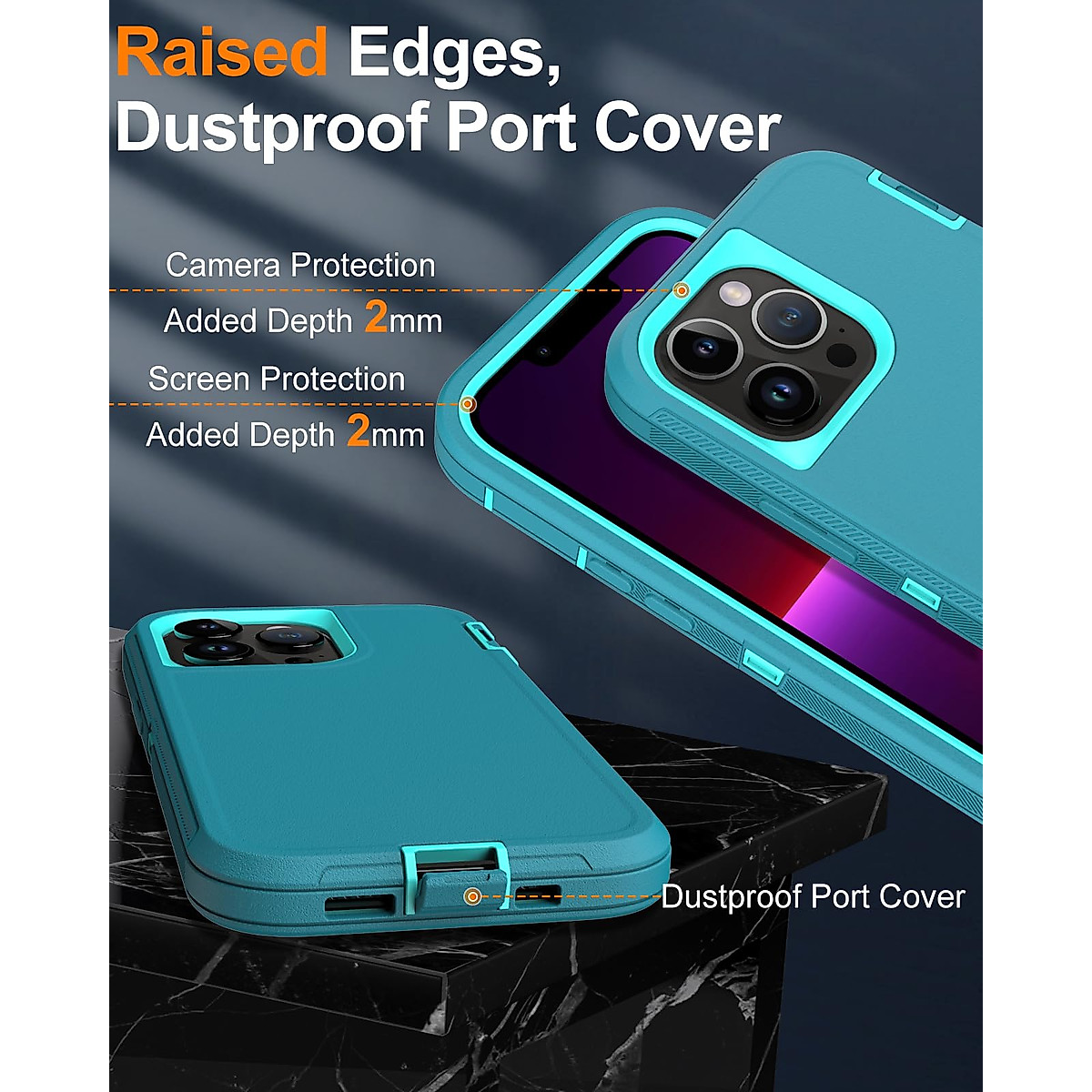 Aliruke for iPhone 13 Pro Max Case, with Screen Protector, Dust-Proof Port Cover, Full-Body Non-Slip Silicone Rubber Covered, Military Grade Drop-Proof Shockproof Phone Case, Mint/Teal