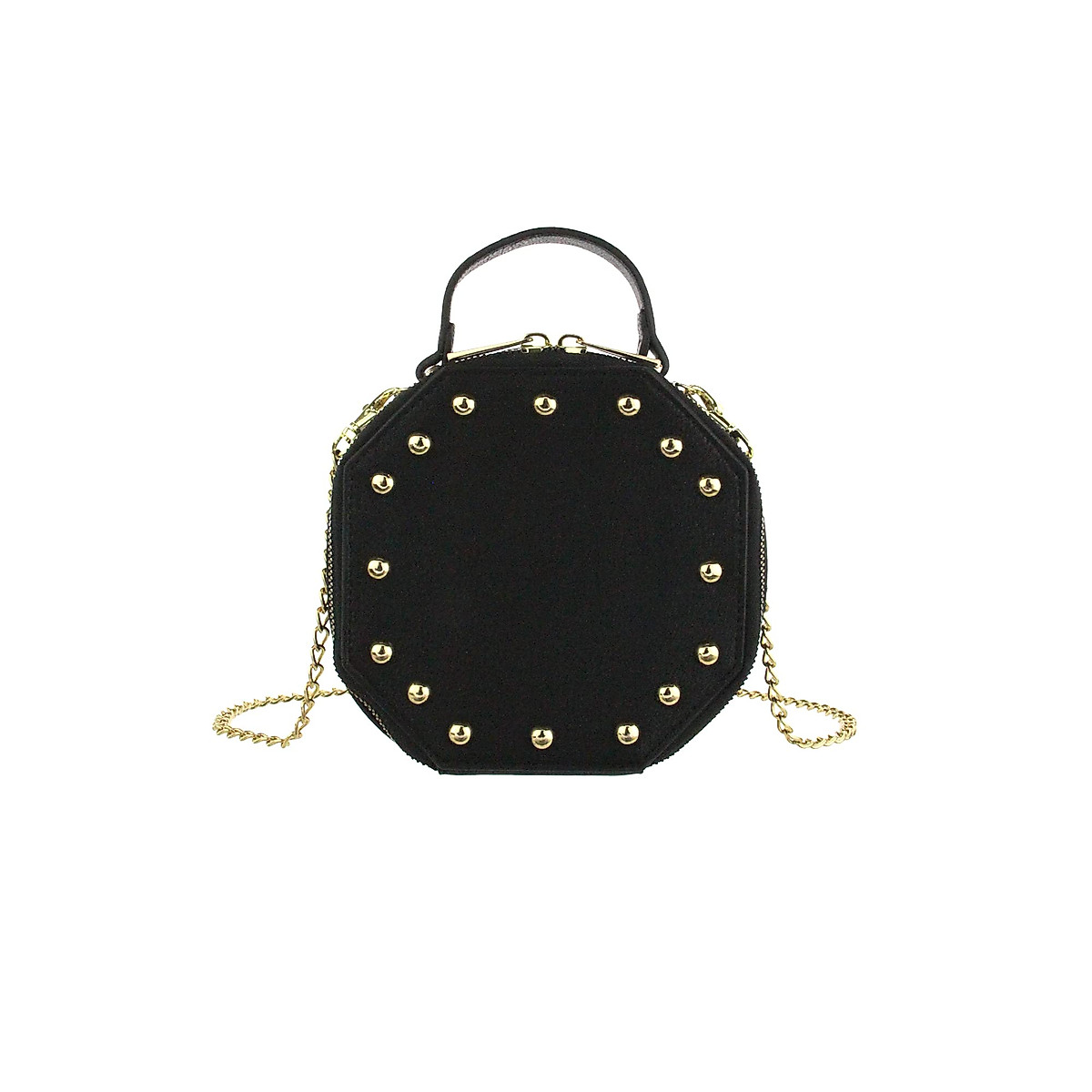 Olivia Miller Women's Fashion PU Leather Mini Octagon Crossbody Shoulder Handbag w Gold Stud Accent n Zipper, Casual Evening Purse