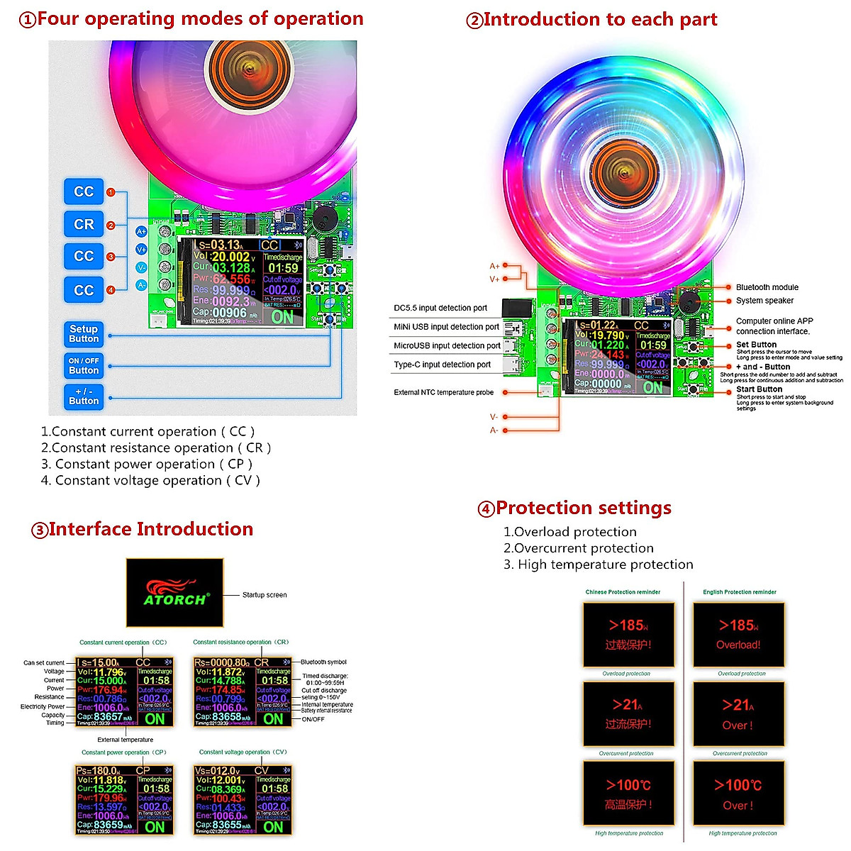 180W Electronic Load Tester 2.4 inch DC Tester APP Electronic Adjustment Constant Load Lithium 4-Wire Battery Capacity Monitor Discharge Charge Power Meter Supply Checker
