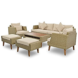6-Piece Patio Sectional Set Outdoor Rattan Sofa Set With Double Cushions and Coffee Table, Brown Wicker Outdoor Sofa with Cushions & Wood Table Top and Wood Legs, All-Weather PE Wicker Couch Set