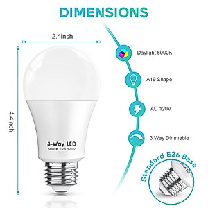Gonhom ETL Listed 3 Way LED Light Bulbs Daylight White 5000K,30 70 100W Equivalent 3 Way Light Bulbs, A19 E26 Medium BaseThree Way Light Bulbs,Perfect for Reading,Indoor LED Bulb(4 Pack)