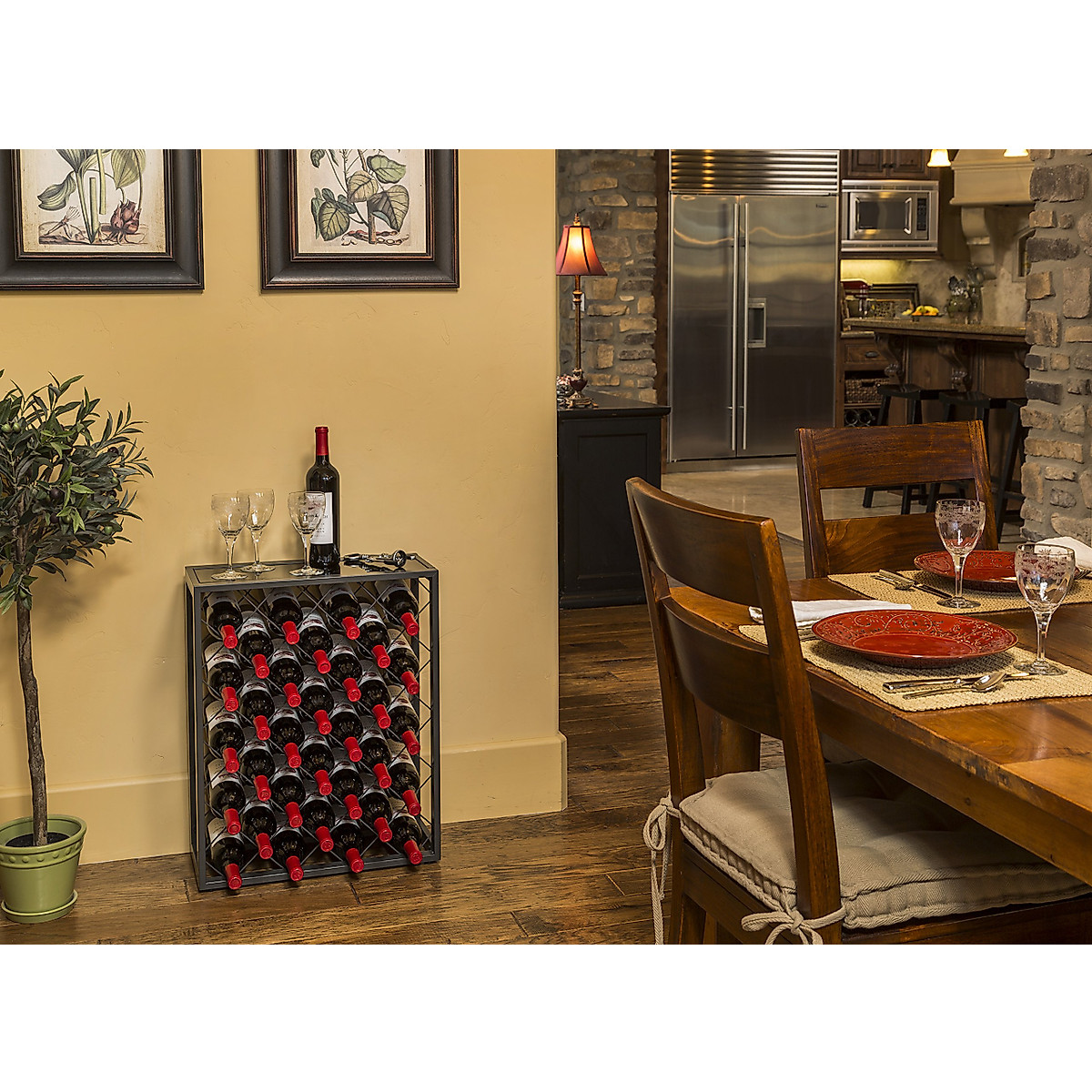 Mango Steam 32 Bottle Wine Rack with Glass Table Top Free Standing, Black