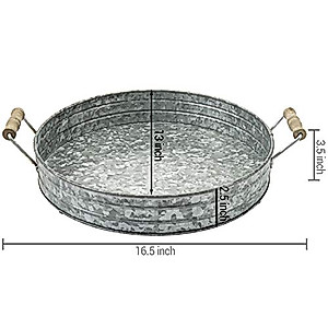 MyGift 16.5 Inch Galvanized Metal Decorative Tray with Mango Wood Handles, Farmhouse Style Round Serving Tray - Handcrafted in India