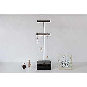 Umbra Pillar Jewelry Stand/Jewelry Organizer Walnut and Black Metal Jewelry Stand With Drawer, 6" Length x 5" Width x 21" Height