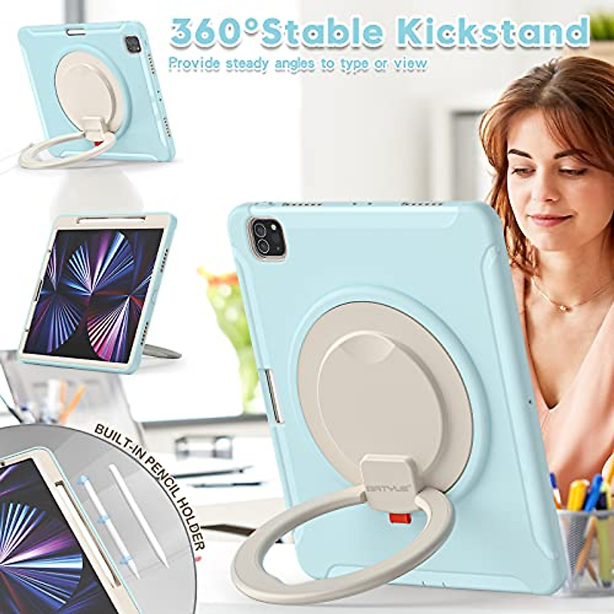 BATYUE iPad Pro 12.9 Case - Rugged Protective Case for iPad Pro 12.9-inch 6th/ 5th/ 4th/ 3rd Generation 2022/2021/ 2020/2018, iPad Pro 12.9 Cover with Pencil Holder/ 360° Swivel Stand - Frozen Blue