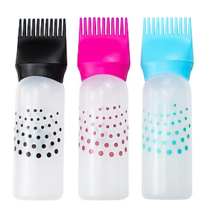 Framendino, 3 Pack Root Comb Applicator Bottle with Graduated Scale Colorful Plastic Squeeze Brush for Hair Dye Home Salon 6 oz