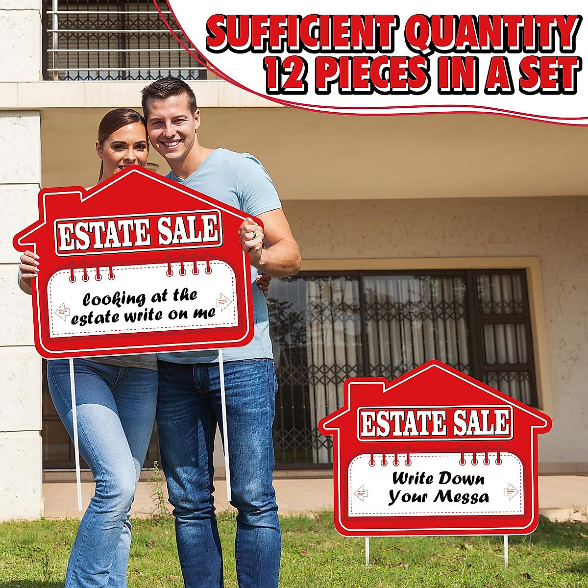 12 Pack Estate Sale Signs with Stakes 16'' x 12'' High Visibility for Sale Sign Protection Against Wind, Rain and Snow Weatherproof for Garage House Business or Personal Use