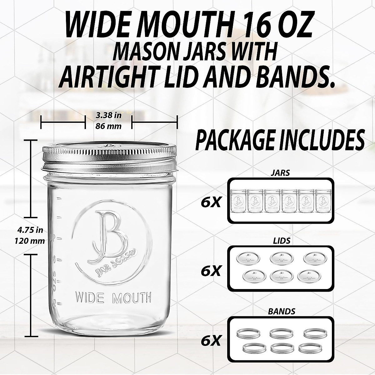 Wide Mouth Mason Jars 16 oz - (6 Pack) - Clear Glass Pint Mason Jars With Airtight Lids and Bands. For Storage, Canning, Fermenting, Meal Prep, Overnight Oats, Freezing, Microwave & Dishwasher Safe