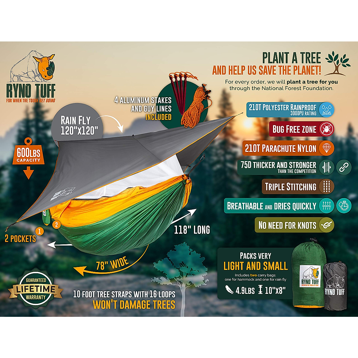 Ryno Tuff XL 2 Person Camping Hammock with Mosquito Net & Rain Fly - Compact Double Hammock with Bug Net, Tarp, Pocket, Tree Straps & Heavy Duty Carabiners - Parachute Grade Nylon Holds Over 600lbs