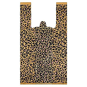 Outus 50 Pieces Leopard Print Plastic T-Shirt Bags Large Leopard Double-Print Treat Bags with Handles for Grocery Shopping Home Using, 5 Mil and 19 x 35 x 12 cm