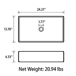 Sinber 24" x 14" x 4.33" White Rectangular Ceramic Countertop Bathroom Vanity Vessel Sink BVS2414A-OK
