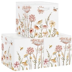 Clastyle 3 Pack Boho Flower Plants Kid Storage Bin Collapsible Large Butterfly Toy Basket for Clothes Book Gift Storage Box with Handle for Office Home Bedroom Nursery