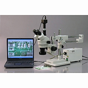 AmScope SM-4TPY Professional Trinocular Stereo Zoom Microscope with Simultaneous Focus Control, WH10x Eyepieces, 7X-90X Magnification, 0.7X-4.5X Zoom Objective, Ambient Lighting, Double-Arm Boom Stand, Includes 2.0X Barlow Lens