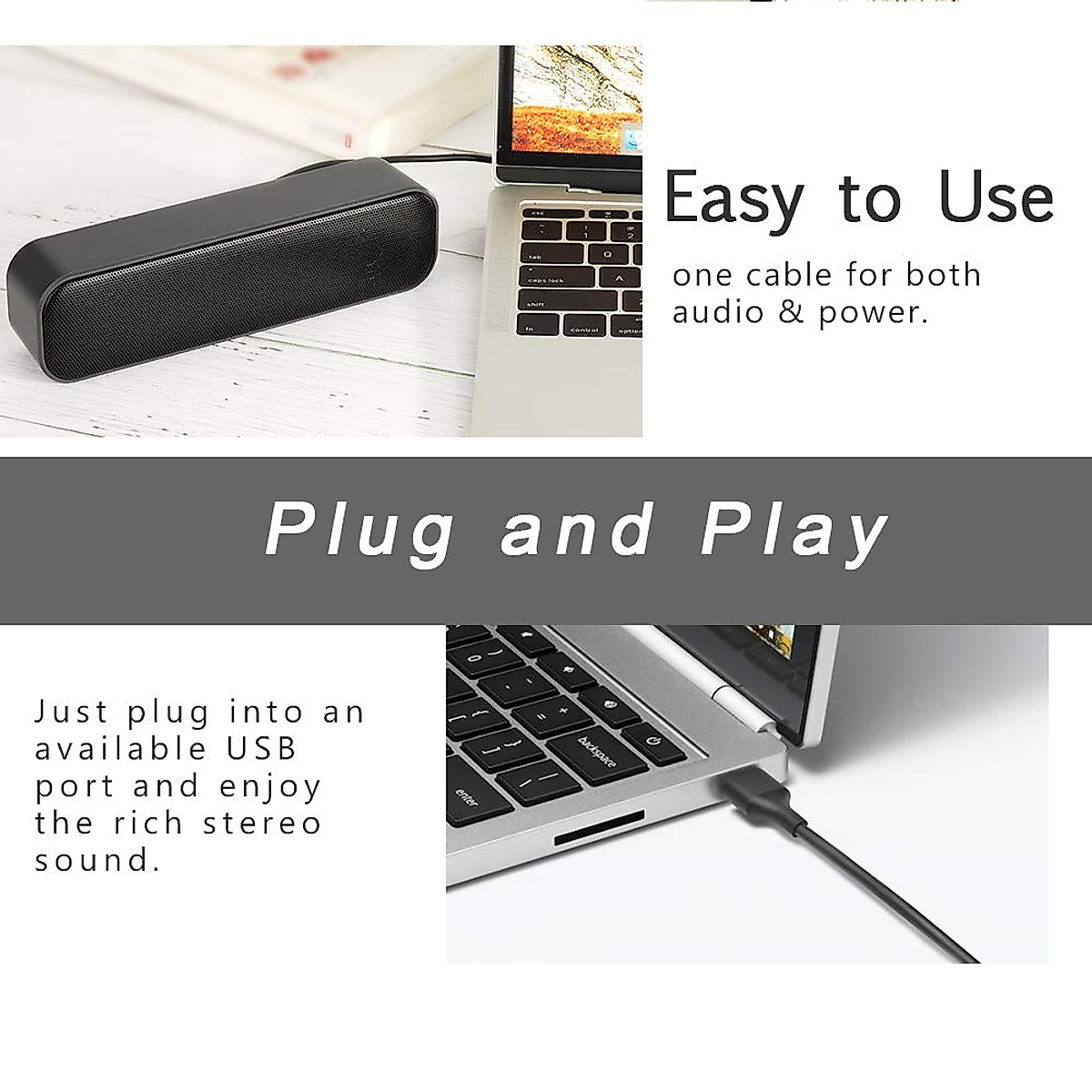 USB Computer Speaker,USB Powered Mini Soundbar Speaker,Laptop Stereo Speakers with Space Saving Design for Computer Laptop Desktop PC Dorm Offce Desk Restaurant