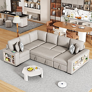 Merax L-Shaped Pull-Out Sleeper Sofa Bed with 2 USB Ports, Chenille U-Shaped Sectional Sofa with 4 Back Pillows, a Storage Chaise Lounge for Living Room (Beige)