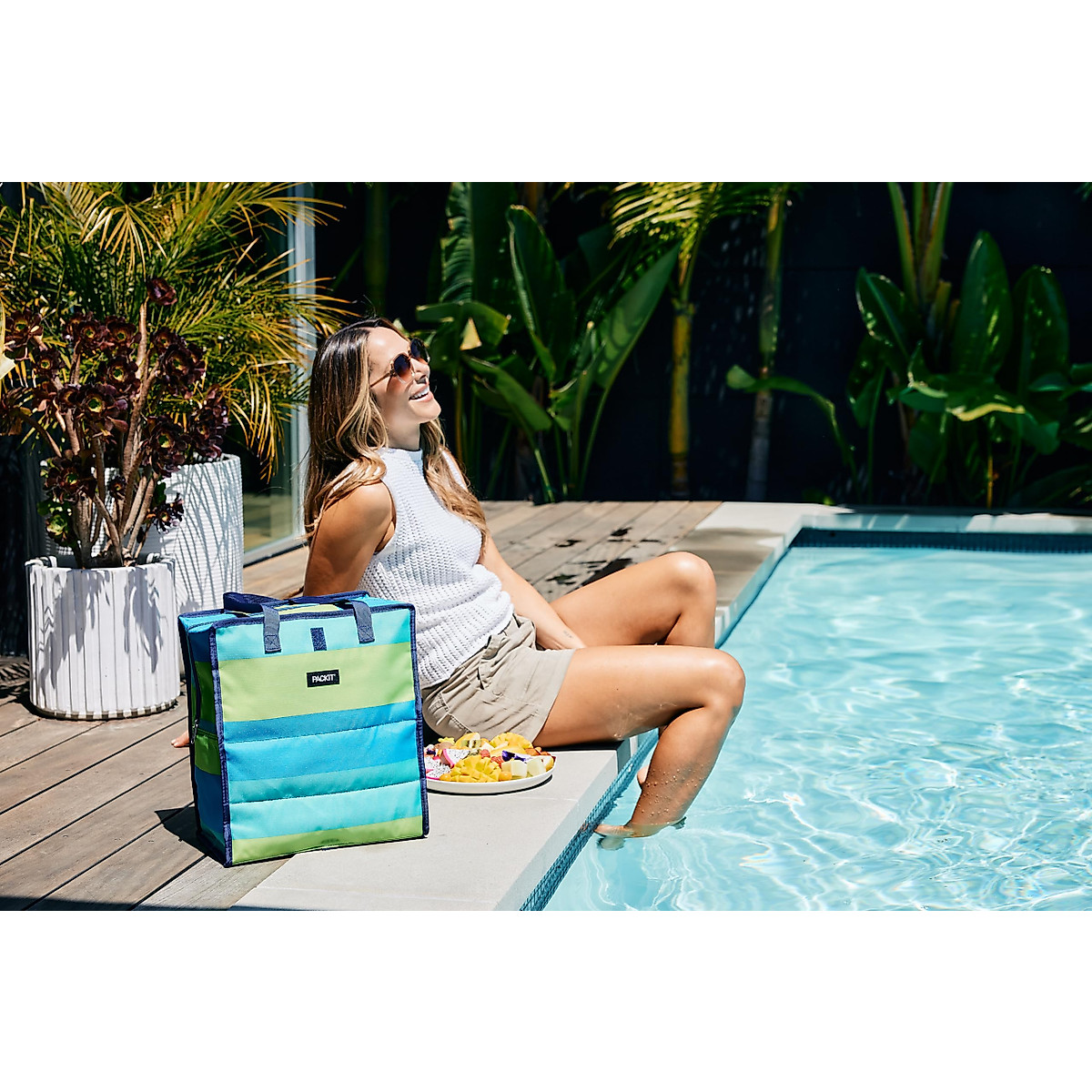 PackIt Freezable Grocery Shopping Bag with Zip Closure, Fresh Stripe