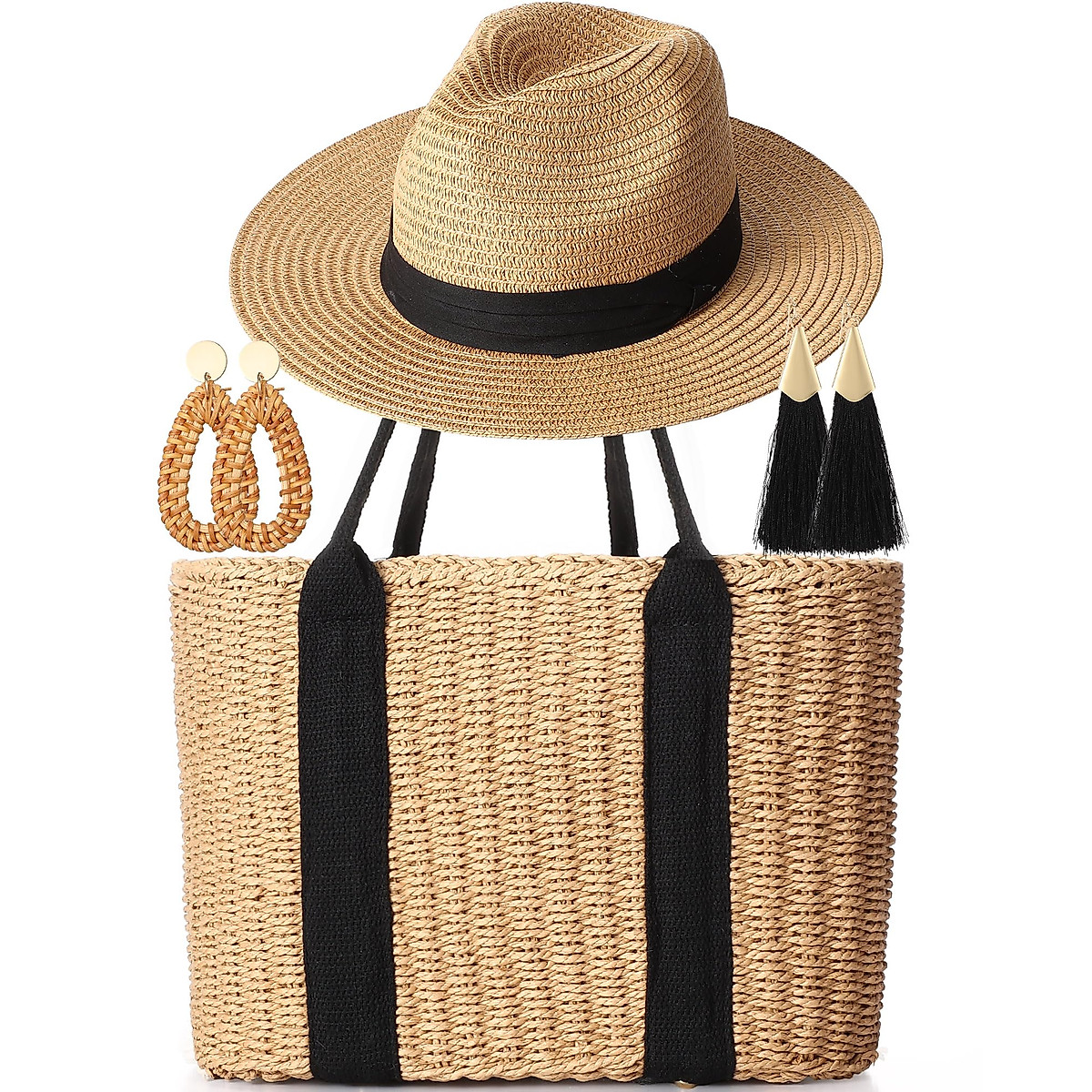 Glitopper 4 Pcs Straw Bag Woven Bag and Rattan Wicker Hat Tassel Earrings Set Summer Tote Handbag for Woman Vacation Boho Accessories