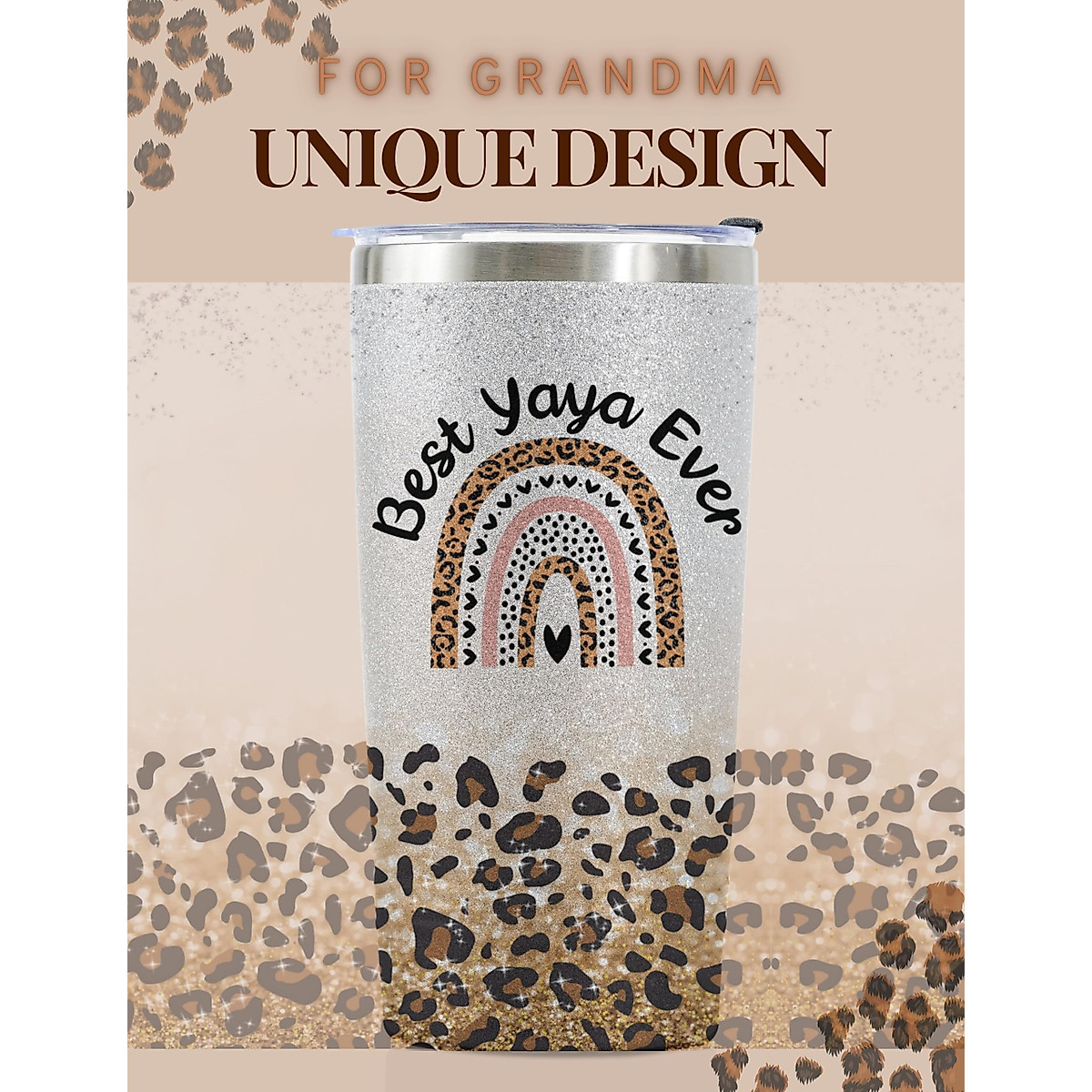 Onebttl Yaya Gifts from Granddaughter, Grandson, Insulated Stainless Steel Wine Tumbler with Lid and Straw, for Grandma on Mother's Day, Birthday, Christmas, Best Yaya Ever, Glitter Silver, 20 oz