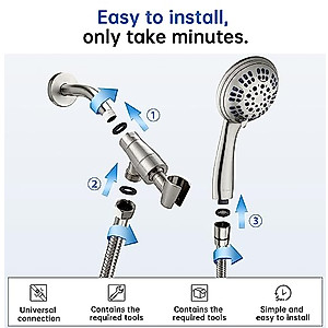 G-Promise High Pressure Shower Head 6 Spray Setting Hand Held Shower Heads with Adjustable Solid Brass Shower Arm Mount Extra Long Flexible Stainless Steel Hose(Brushed Nickel)