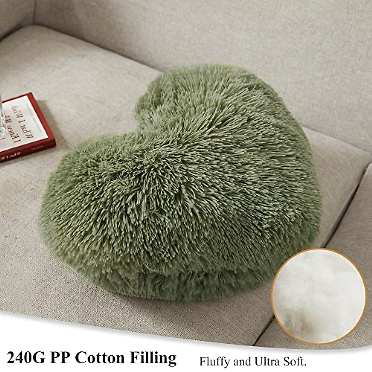 XeGe Luxury 15"x17" Faux Fur Heart Shaped Pillow, Plush Shaggy Decorative Throw Pillow, Fluffy Cuddly Heart Pillow w/Insert, Furry Accent Pillow for Valentine's Day/Birthday/Christmas, Sage Green