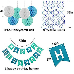 Fecedy Blue Happy Birthday Banner Honeycomb balls Swirls Streamers for Birthday Party Decorations