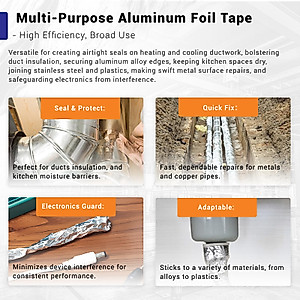 PowerScale Aluminum,Tape 2 inch x (66 Feet 22YD) 3.9 Mil,High Temperature Aluminum Foil Tape,Duct Tape for HVAC, Metal Repair, Cold Air Ductwork,Sealing,Patching,Reflective Foil Tape, Silver