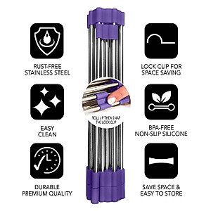 Total Rack Multipurpose Over-Sink Dish-Drying Rack, Cooling, Crisping, Roasting & Serving, Trivet, Nonslip Silicone Grips, Expandable 14" to 21" Stainless-Steel Roll Out Rack - Purple