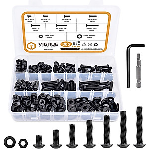 VIGRUE 305Pcs 1/4-20 Bolt and Nut Assortment Kit, 1/4-20 Black Button Head Socket Cap Screw Nuts Washers Kit, Assorted Allen Head Screws, Class 12.9 Alloy Steel