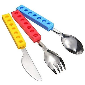 Toddler Utensils and Brick Toys - Set of 3 Interlocking Block Kids Silverware - Toddler Fork and Spoon Set with Toddler Knife for Kids - Non-BPA Kids Cutlery and Kid Safe Stainless Steel Silverware