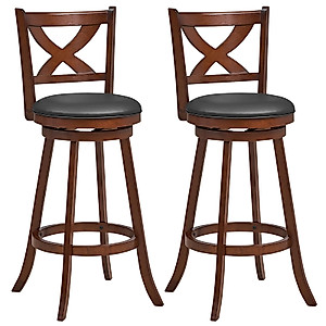 Giantex 30” Bar Stools Set of 2, 360° Swivel Counter Height Stools with Back, Solid Rubber Wood Frame, Leather Padded Seat, Vintage Upholstered Armless Farmhouse Barstools for Kitchen Island Home Bar
